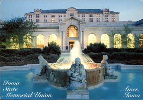 Iowa Ames State Memorial Union fountain at dusk ~ unused postcard ...