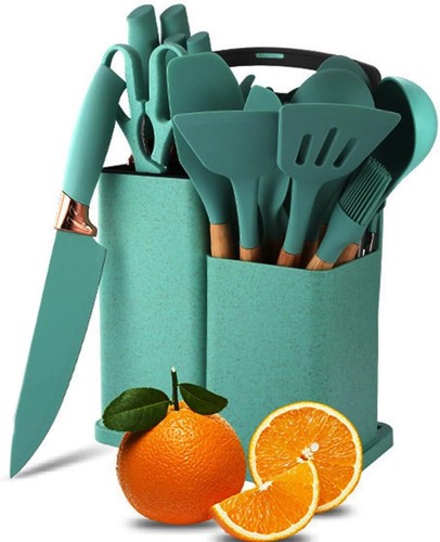 19 Pcs Kitchen Utensil Set with Block, Knives, Scissors, Cutting Board ...