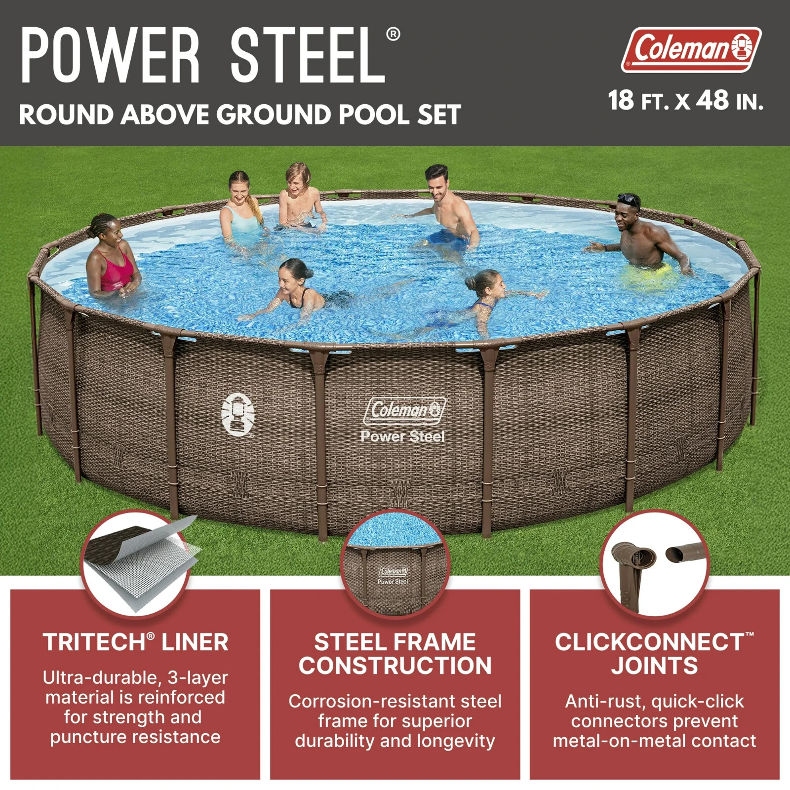 Coleman Power Steel Deluxe Above Ground Swimming Pool - 18ft x 48in for ...