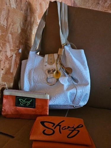 Sharif Design White Flower Print Satchel with Organizer and Dust Cover ...