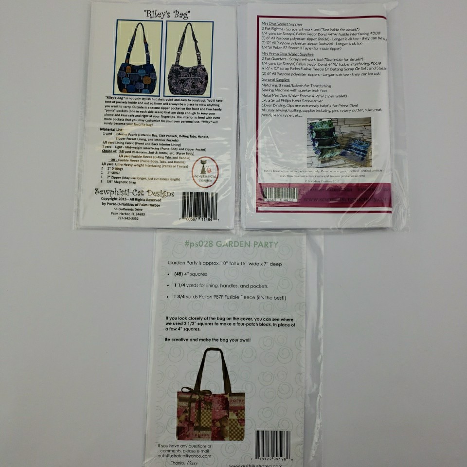3 Sewing Patterns Purse Bags Riley's Bag, Mini Divas, Garden Party | eBay