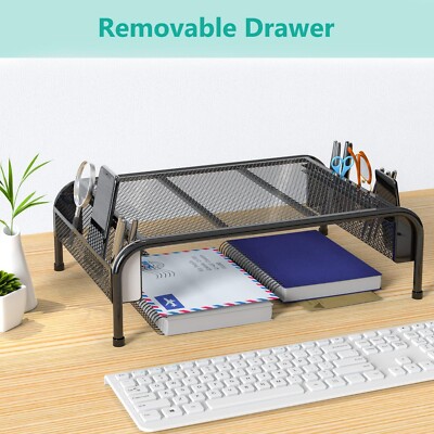 WALI Metal Mesh Monitor Riser Desktop Stand w/ Drawer and Side Storage ...