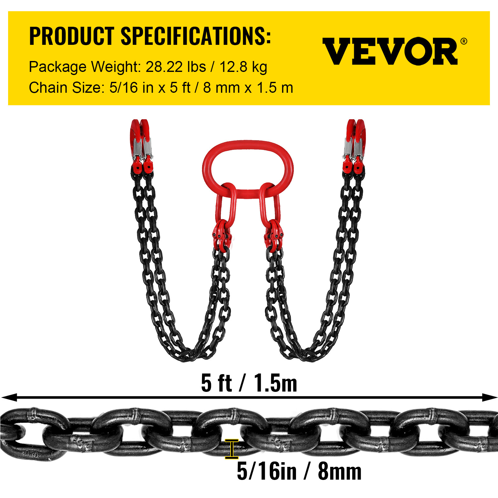 VEVOR 5/16" 5FT Chain Sling 4 Legs with Sling Hooks G80 Lifting Chain ...