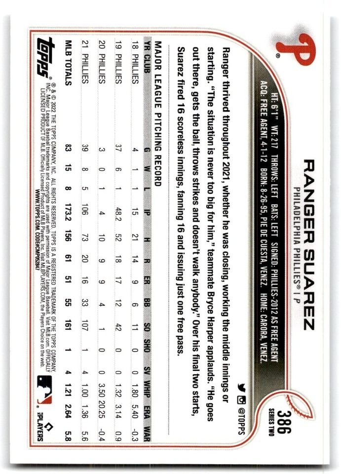2022 Topps Ranger Suarez Baseball Cards #386 | eBay