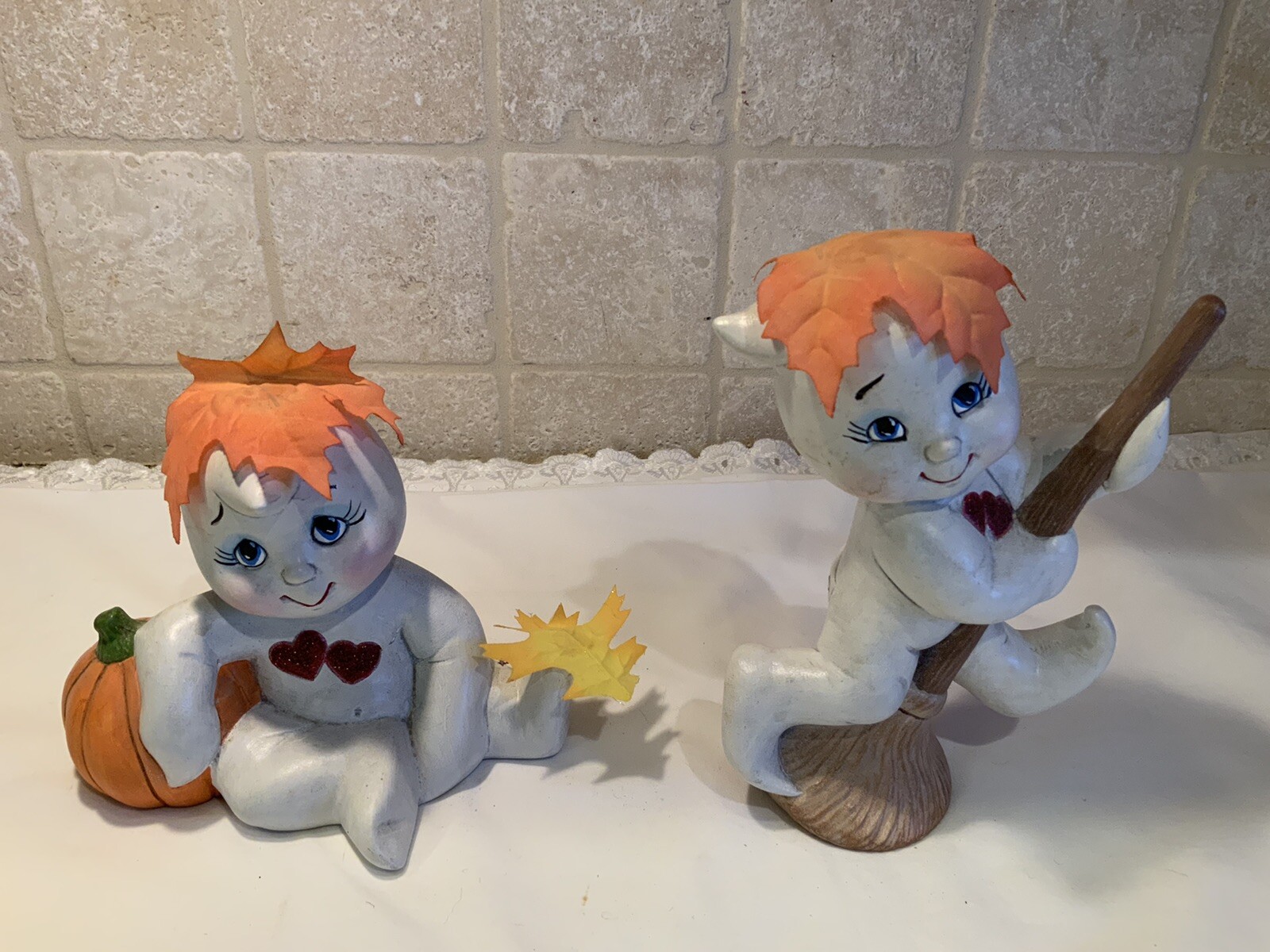 Vintage Ceramic Boo Baby Ghost Figurines Broom Halloween Decor - Pair ...