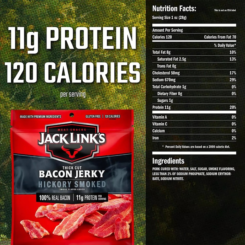 Jack Link'S Bacon Jerky, Hickory Smoked, 2.5 Oz. Bag-Flavorful Ready to ...