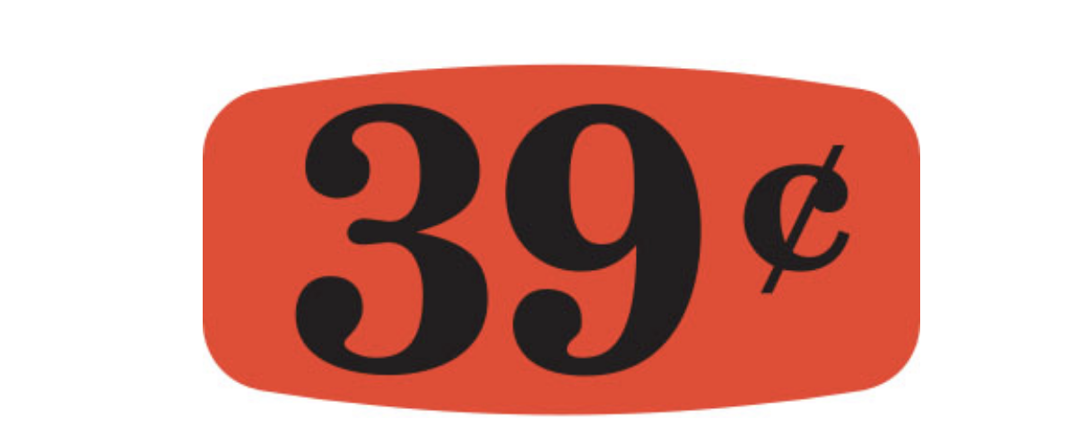 1000 each per roll .39 CENTS MERCHANDISE LABELS FL RED BLACK STICKERS ...