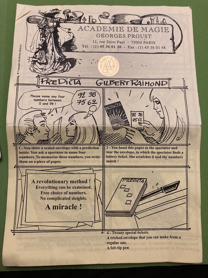 Predicta - Gilbert Raimond - Number Prediction Scratch Card Mentalism ...