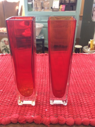 2 Vintage Lefton Japan Hand Blown Glass Bud Vases 7” Tall Square Red ...