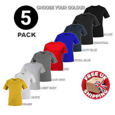 T-Shirt Multi Pack Mens Plain 100% Cotton Solid Colour Short Sleeve ...