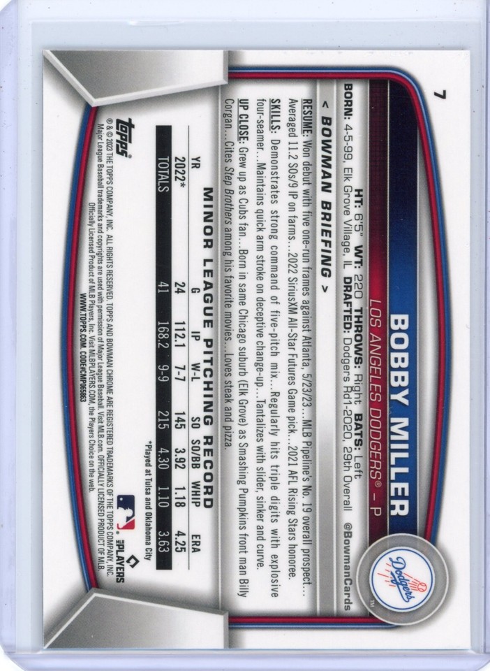 2023 Bowman Chrome Bobby Miller Rookie RC - Los Angeles Dodgers | eBay