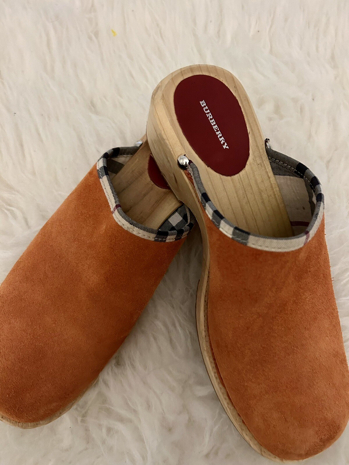 AUTHENTIC BURBERRY Orange Suede Nova Check/Plaid Lined Wood Clogs 39 ...