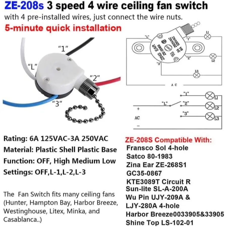 Ceiling Fan Switch Pull Chain Switch 3 Speed 4 Wire Switch Fan ...