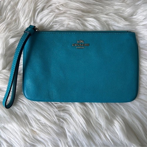 Coach Blue Turquoise Leather Clutch Wristlet with Flaw | eBay