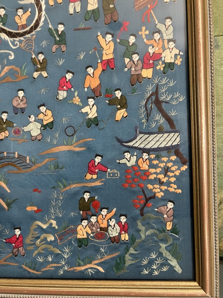 Vintage 100 Children Playing Framed Chinese Hand Stitch Embroidery on ...
