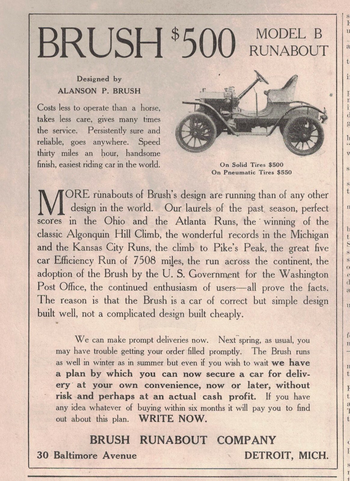 1908 Brush Model B Runabout Original ad - Extremely Rare image from ...