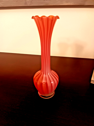 Vintage Peach Coral & White Swirl Art Glass Ruffled Rim Vase 8 In Tall ...