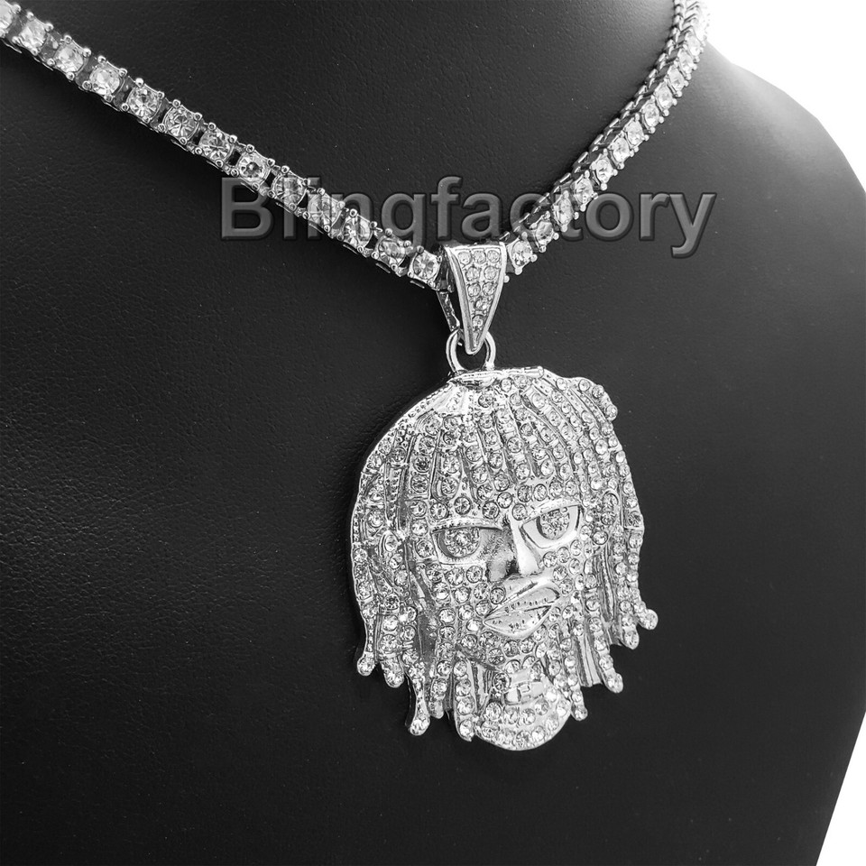 Lil Pump Portrait pendant & 18" Full Iced Cuban & 1 Row Diamond Choker ...