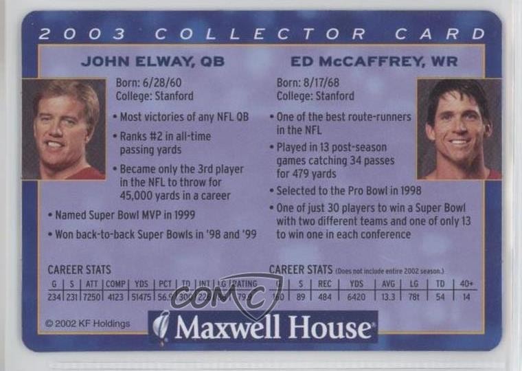 2003 Maxwell House Collector Card John Elway Ed McCaffrey #JEEM HOF | eBay