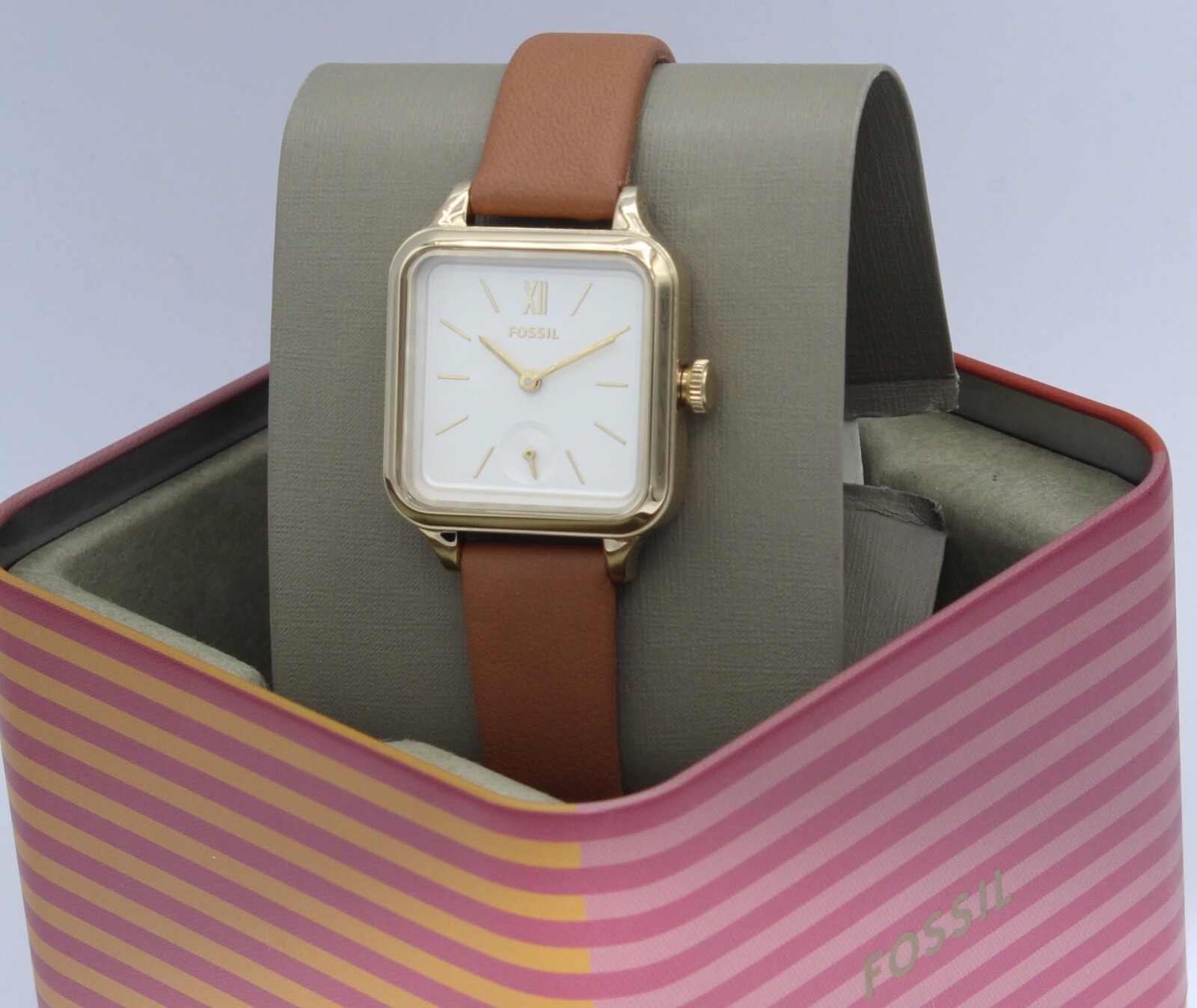 AUTHENTIC FOSSIL COLLEEN SQUARE GOLD BROWN LEATHER BQ3909 WOMEN'S WATCH ...