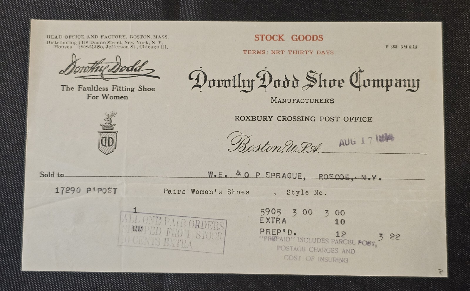 1914 Dorothy Dodd Shoe Company Billhead Receipt Boston, MA | eBay
