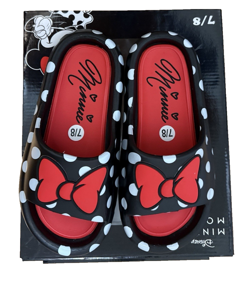 DISNEY MINNIE Mouse RED BOW With Black & White Dot Women's Slides, Size ...