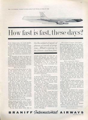 1963 Braniff Airways Airlines PRINT AD "How fast is fast these days ...