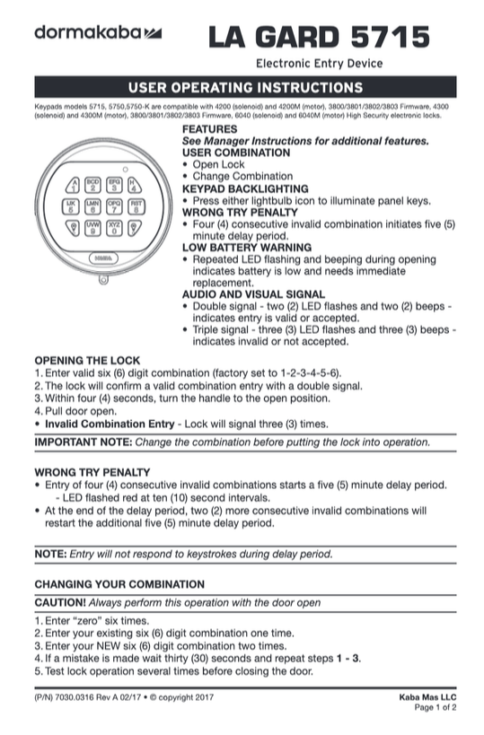 LAGARD BASIC II KEYPAD ONLY-5715SC-REPLACEMENT FOR 4715,3715,3000-SATIN ...
