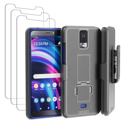 BLU View 3 (2021) Shell Holster Combo Case+3Pack Tempered Glass Screen ...