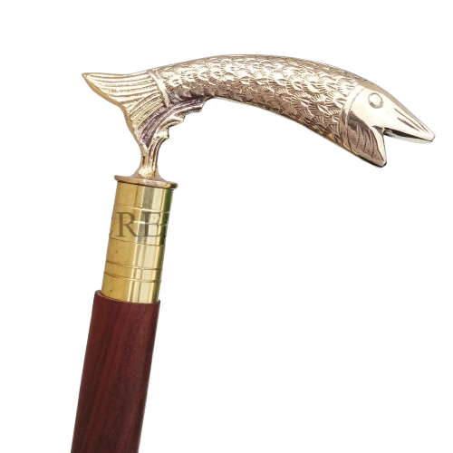 Antique Brass fish Handle Wooden Vintage Style Walking Stick Cane ...