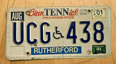 2001 TENNESSEE DISABLED HANDICAPPED PERSON LICENSE PLATE " UCG 438 ...