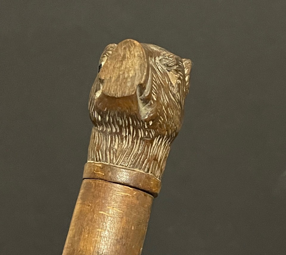 Stick Carved Tête De Dog Tool Antique Sculpture Wood & Sulphur Animal ...