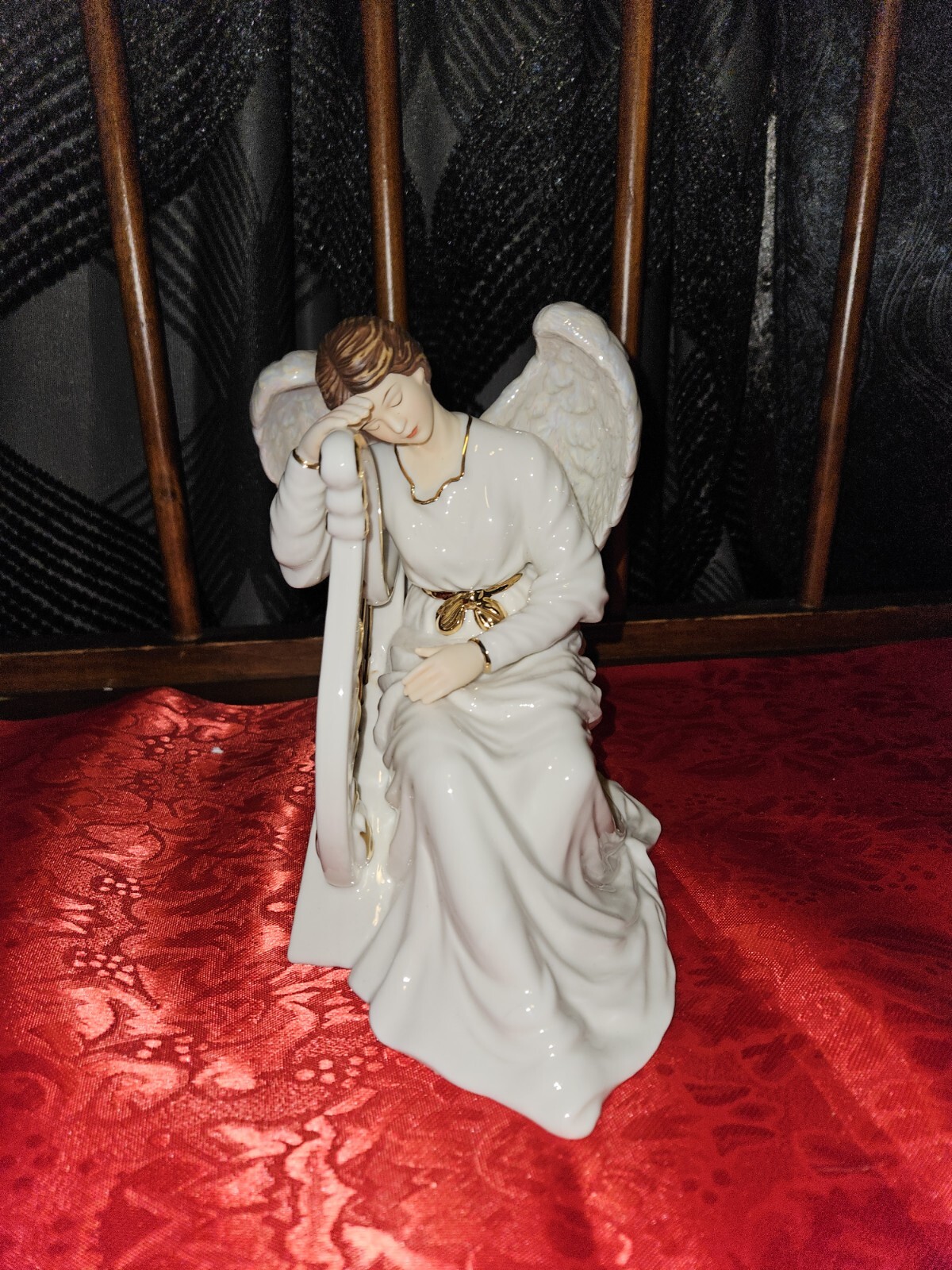 O'WELL China Large Angel Figurine With Harp Ivory Gold Iridescent Wings ...