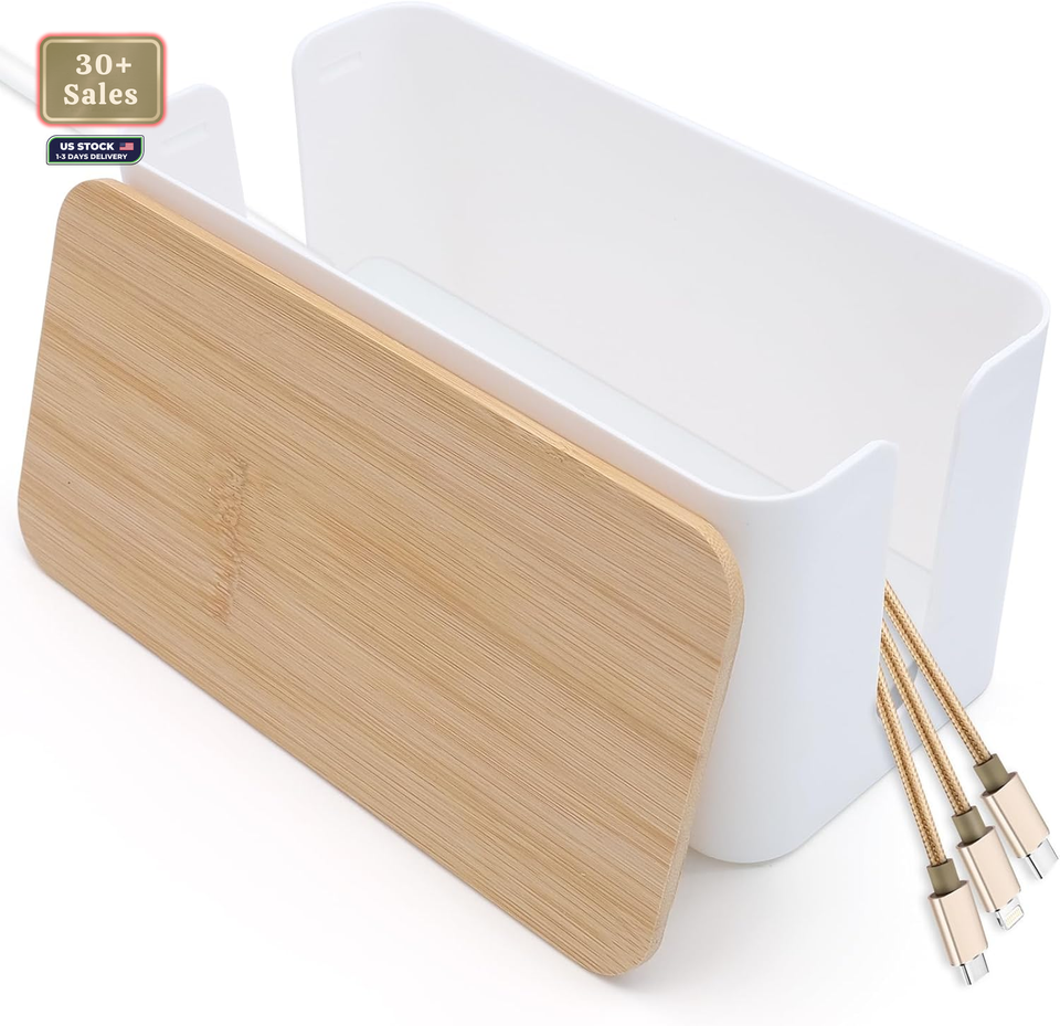 Cable Tidy Box White Cable Box with Bamboo Lid Cable Organiser Cable ...