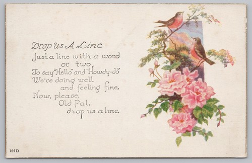 Drop Us A Line To Say Hello~Robins & Pink Flowers~Made In USA~Vintage ...