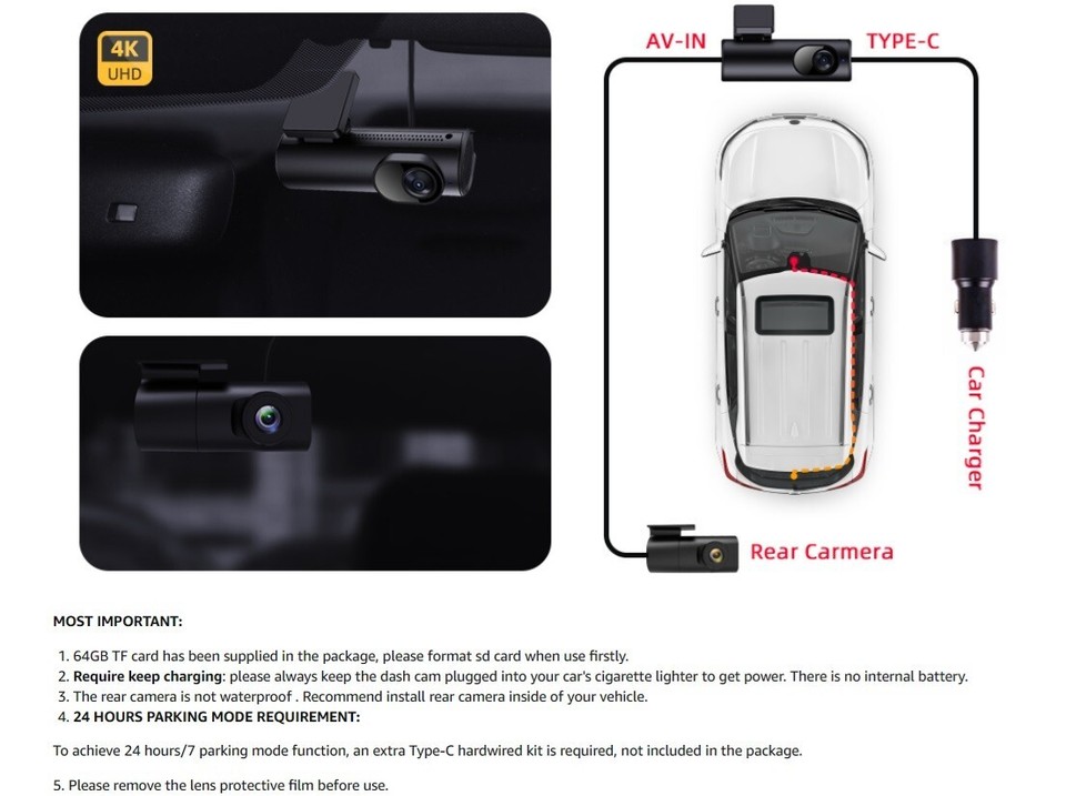 DiWeishi Dash Cam Front Ultra HD 4K WiFi 170°, Rear/inside 1080P FHD ...