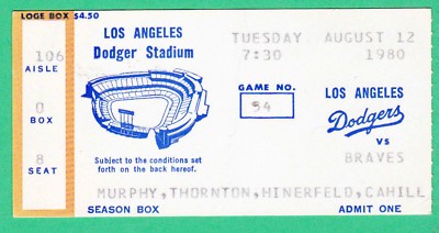 8-12-80 BRAVES @ DODGERS BASEBALL TICKET STUB MURPHY HORNER CEY ...