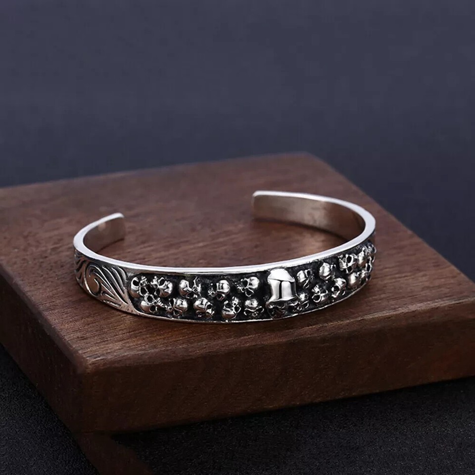 Real Solid 925 Sterling Silver Cuff Bracelet Skeletons Skull Open ...