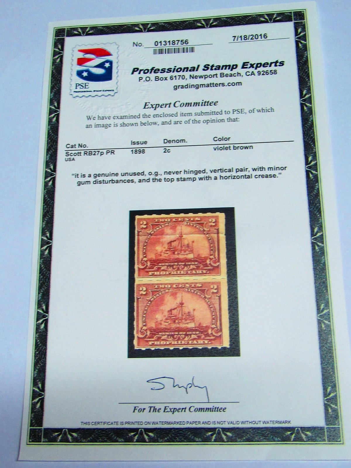 COOL PSE Certified Stamp! 1898 U.S. POSTAGE 2¢ U.S. Inter Rev Stamp STP ...