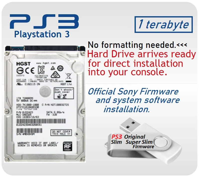 1TB PS3 internal Hard Drive USB Firmware Installation Drive Option all ...