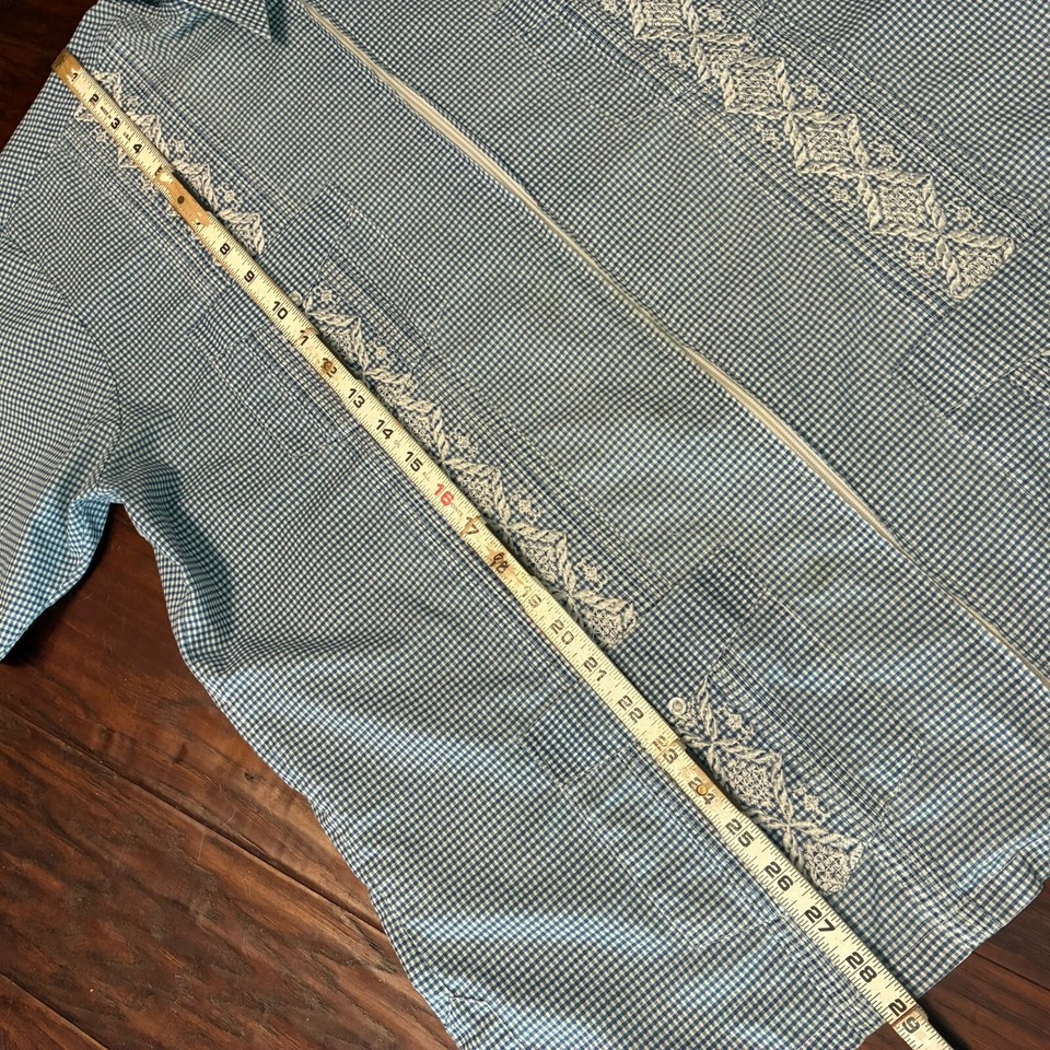 Genuine Haband Guayabera Shirt Mens Embroidered Large Blue Check Plaid ...