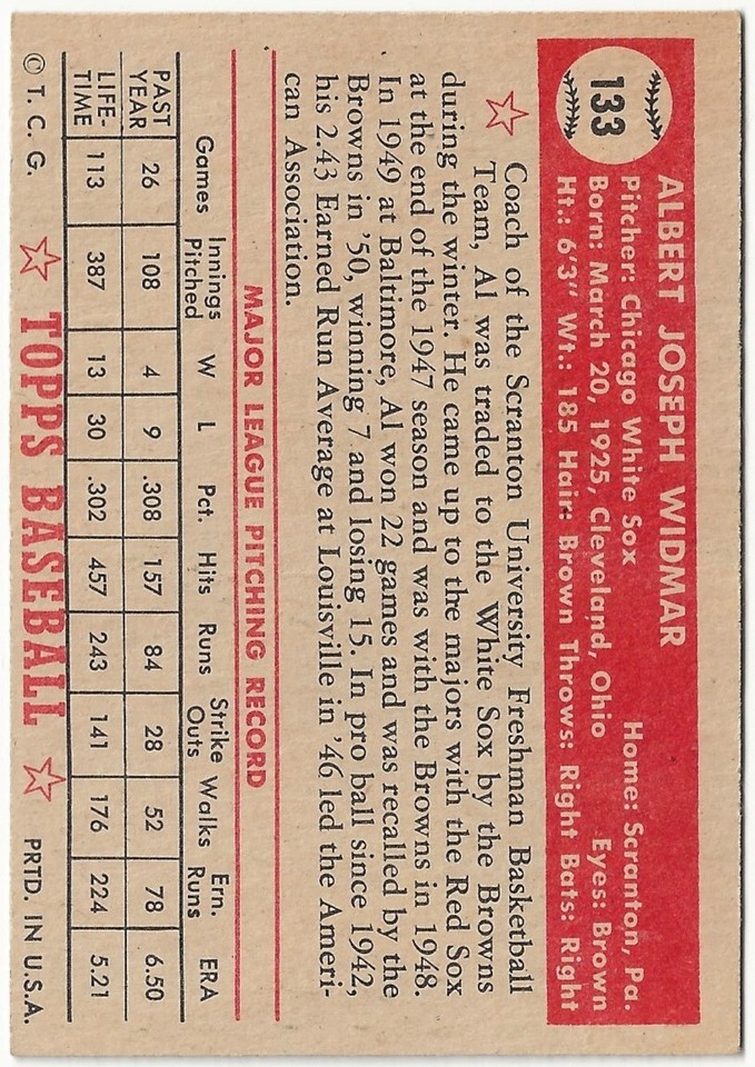 1952 Topps #133 Al Widmar Chicago White Sox EX | eBay
