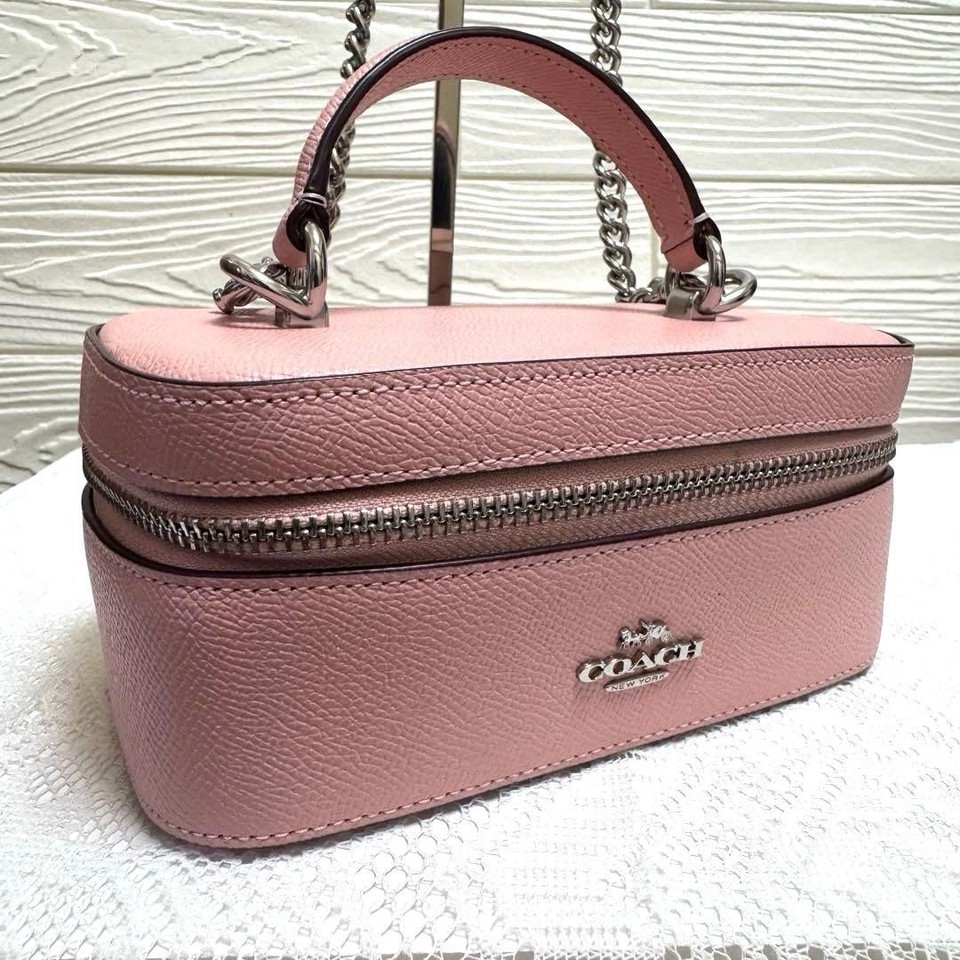 COACH Vanity Bag Pink Shoulder Bag Cross Grain Handbag Leather 2way ...