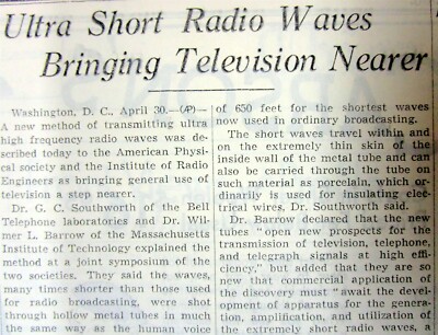 1936 newspaper with early news of the INVENTION of TELEVISION -New ...