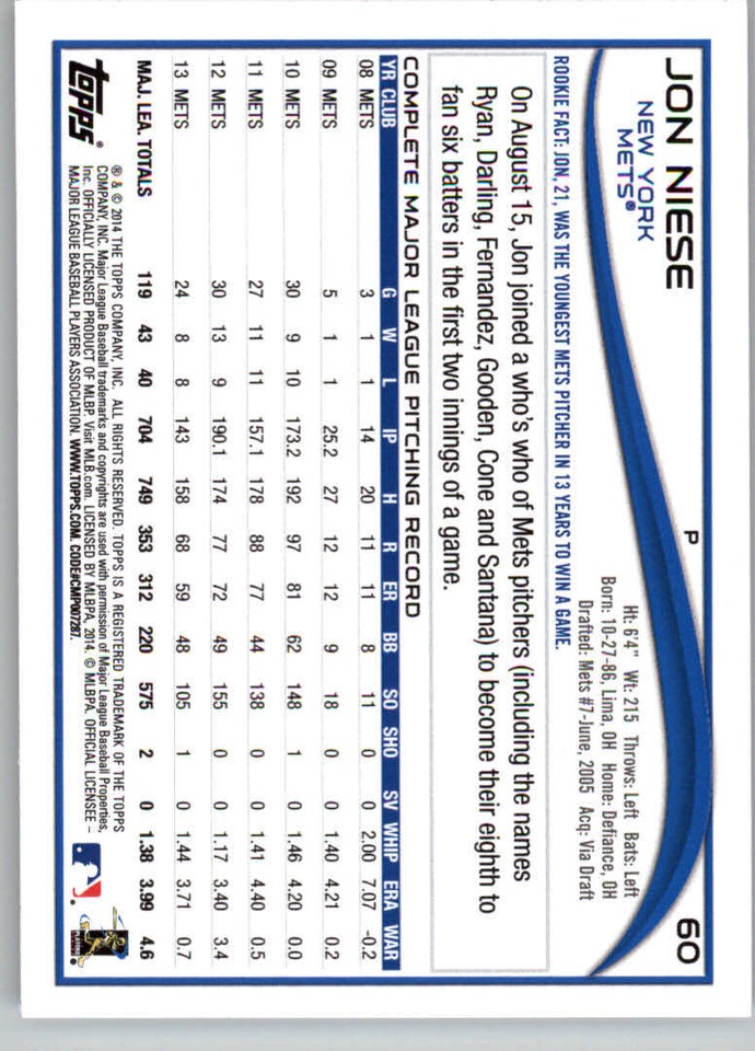 2014 Topps Baseball #60 Jon Niese | eBay