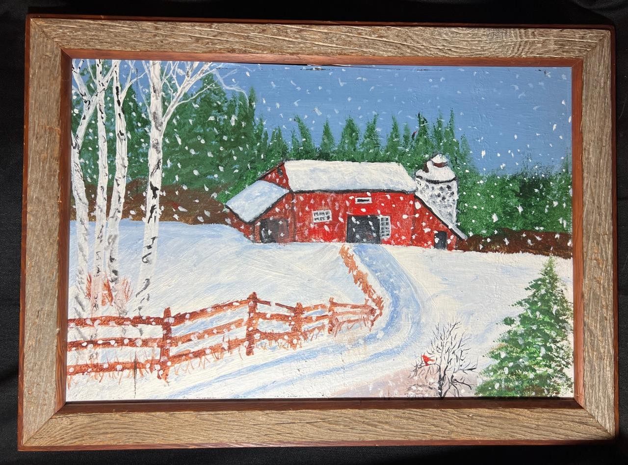 Vintage Country Farm House American Folk Art Winter Snow Landscape Oil ...