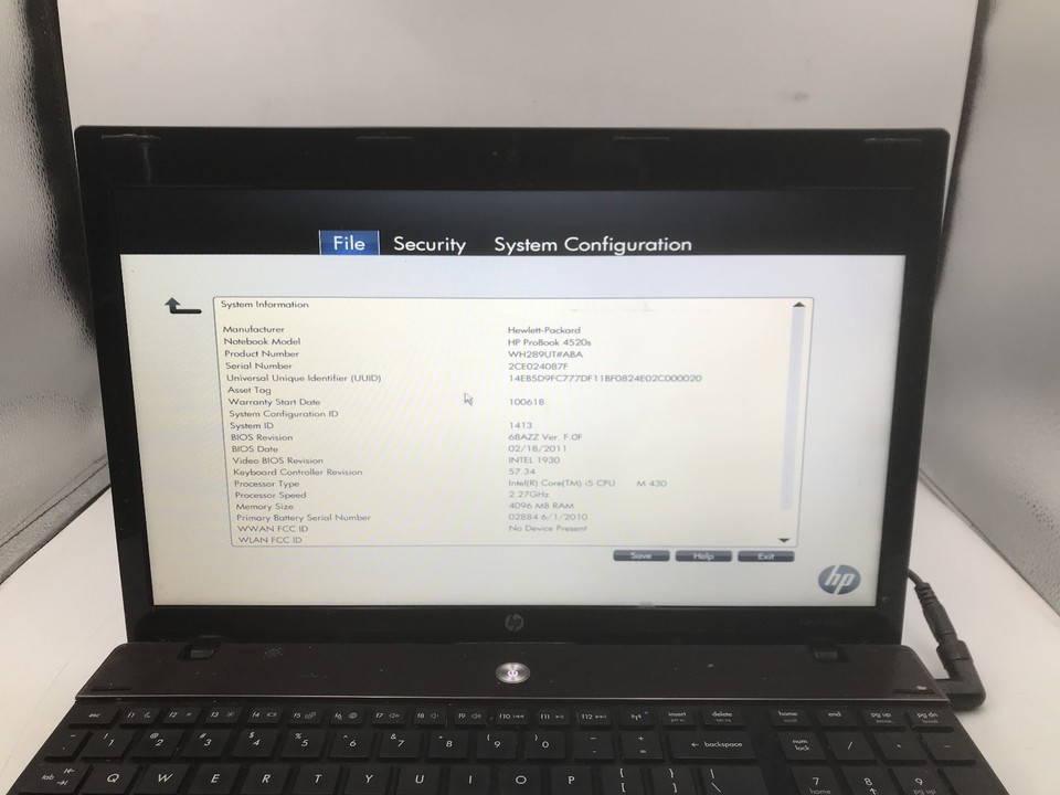 HP PROBOOK 4520S - BOOTS TO BIOS - INTEL I5 M430 - 4GB RAM -READ ...