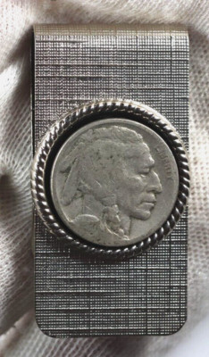 Vtg Buffalo Nickel Coin Money Clip Cross Hatch Metal Silver Tone Native ...