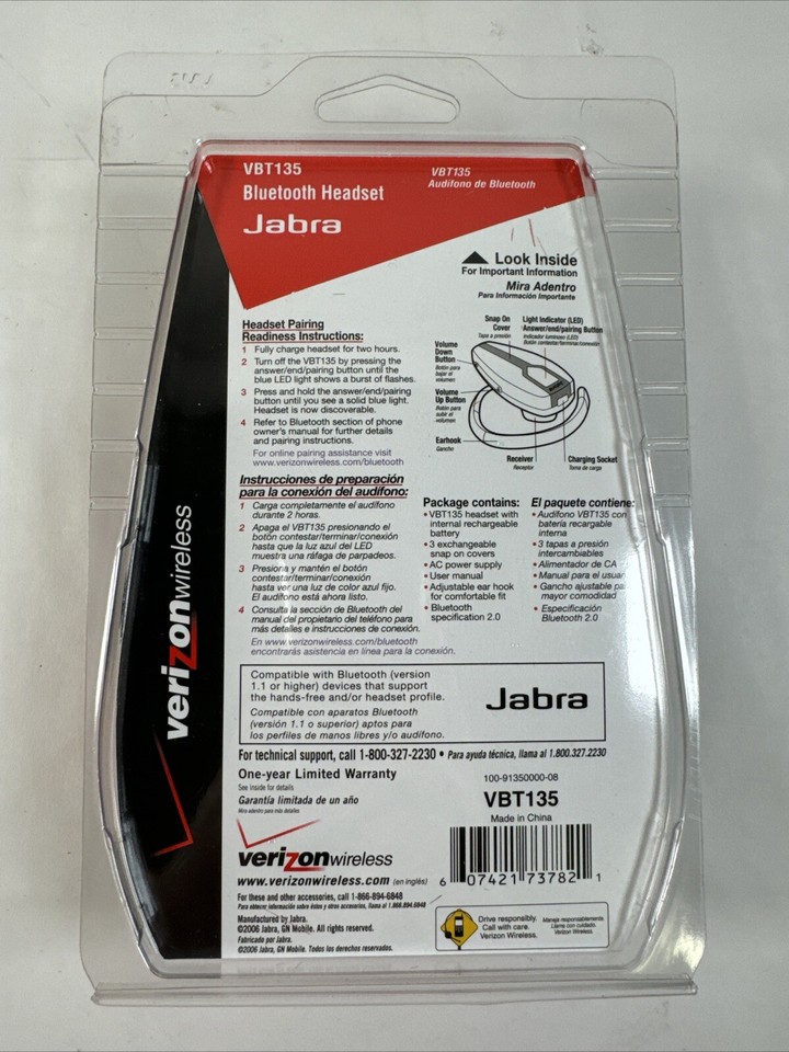 Verizon Wireless Jabra Bluetooth Headset (VBT135) - New in Box, Black ...