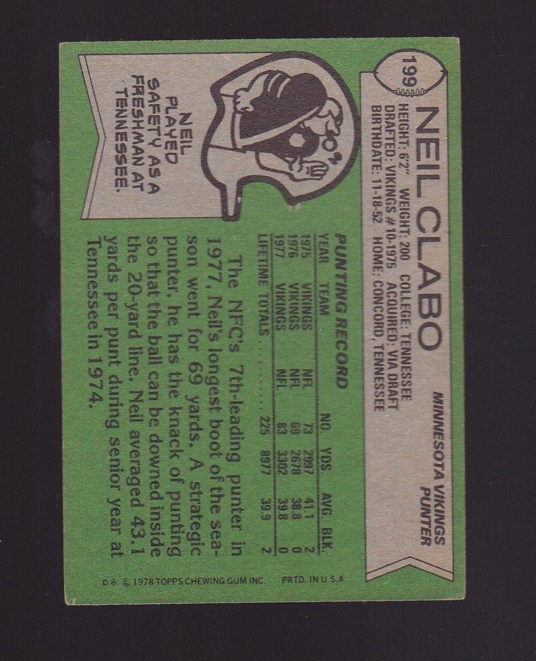 1978 Topps Neil Clabo #199 Minnesota Vikings | eBay